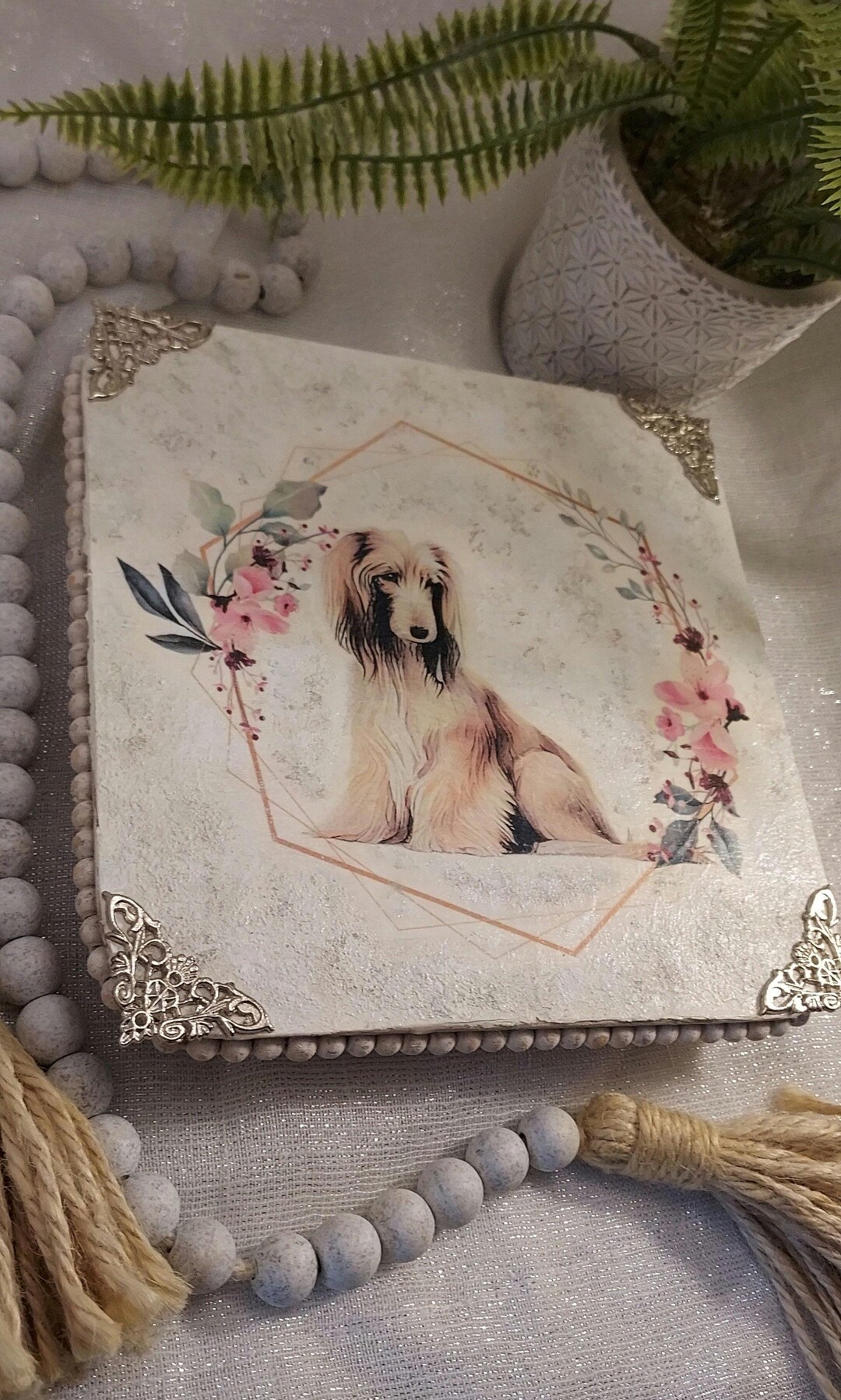 Afghan Hound Table Decor. Farmhouse Decoration. Square Wood Beaded ...