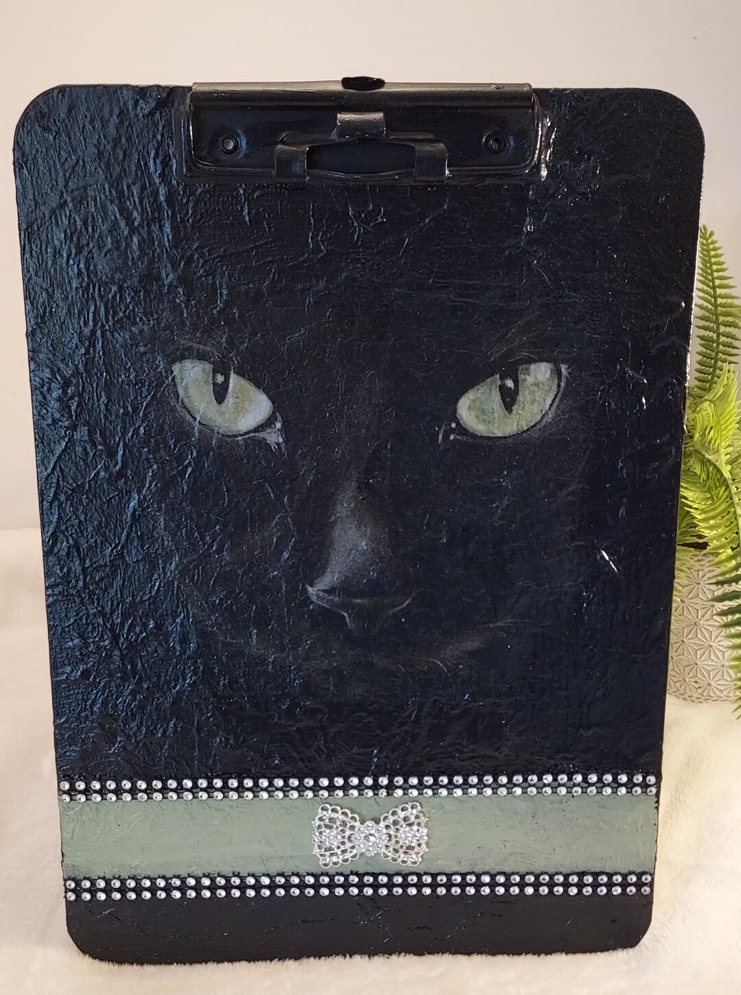 Black Cat Clipboard - Handmade Textured W Rhinestone Bowtie Bling ...