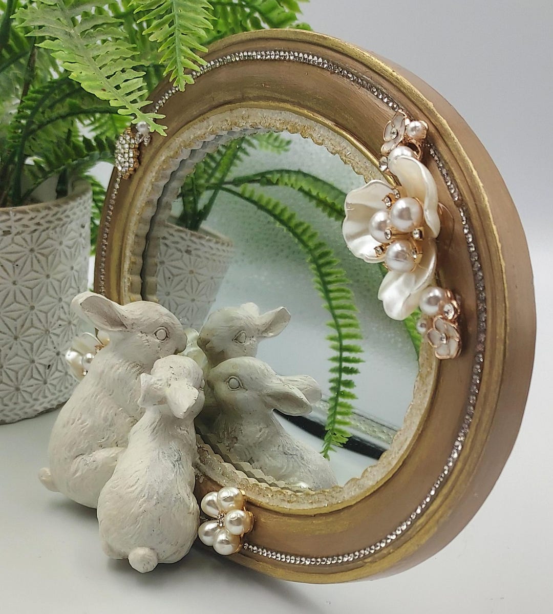 Bunny Rabbit Mirror. Handcrafted White Bunnies Peeking at Reflection ...
