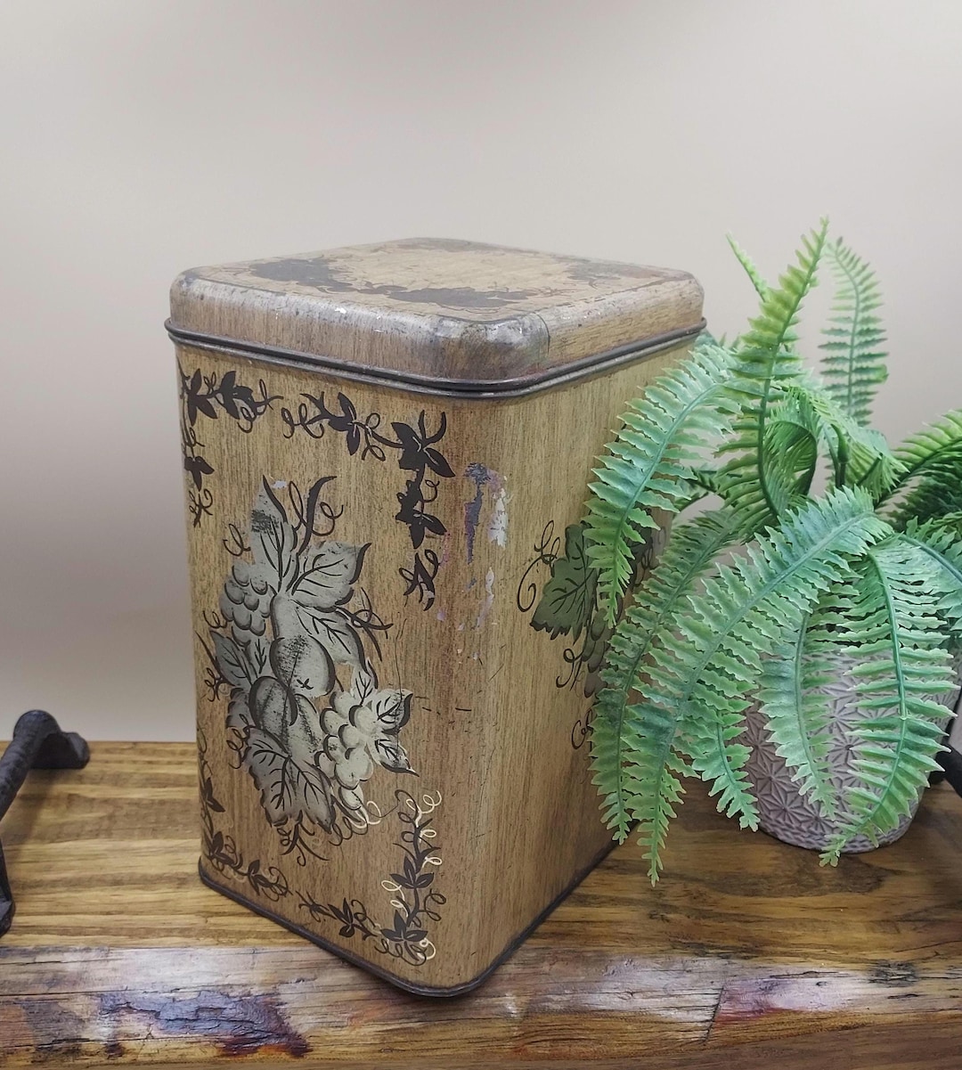 Vintage CHEINCO Grape Tin – Farmhouse Kitchen Canister – Woodgrain ...