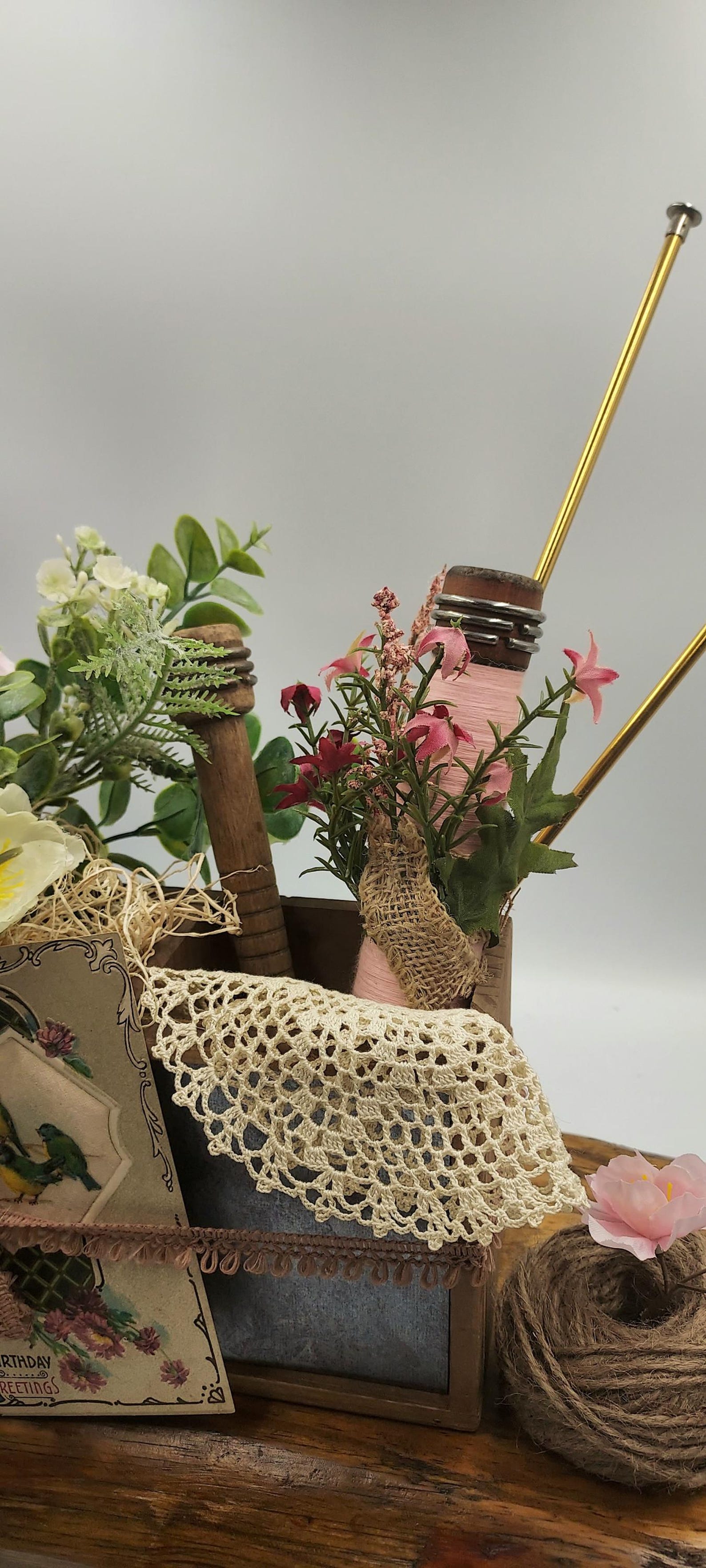 Spring Vignette Table Decor. Sewing Themed Box W/ Vintage Thread ...