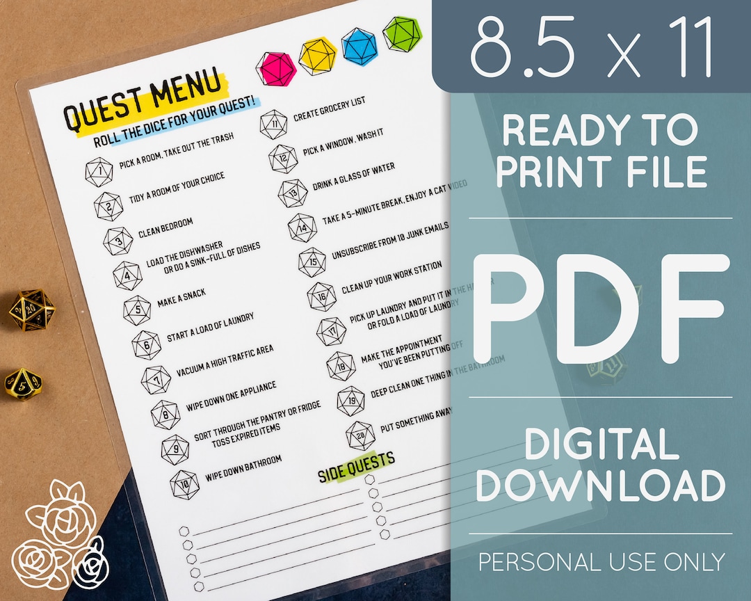 Quest Menu With Side Quest Slots | Digital Download | Printable | Chore ...