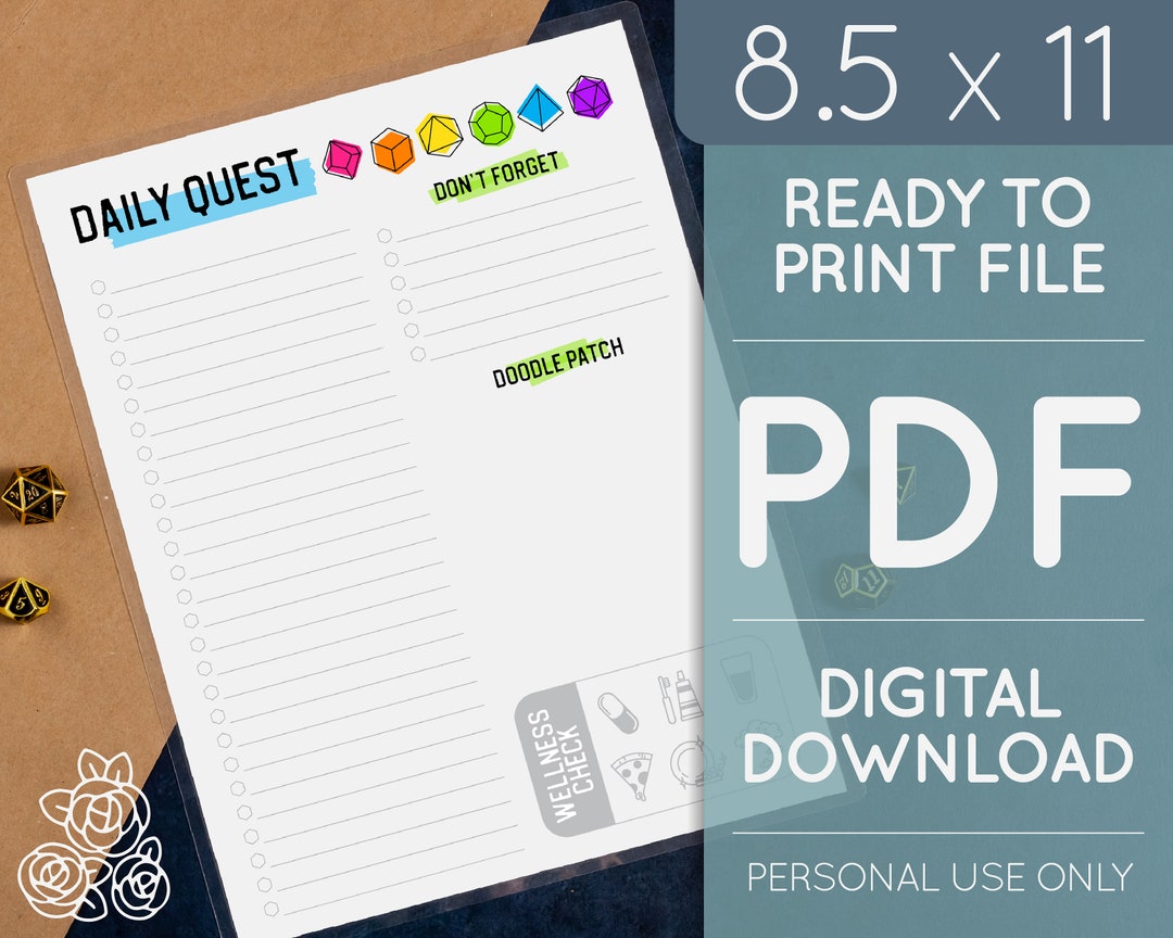 Daily Quest Checklist With Wellness Tracker | Digital Download ...