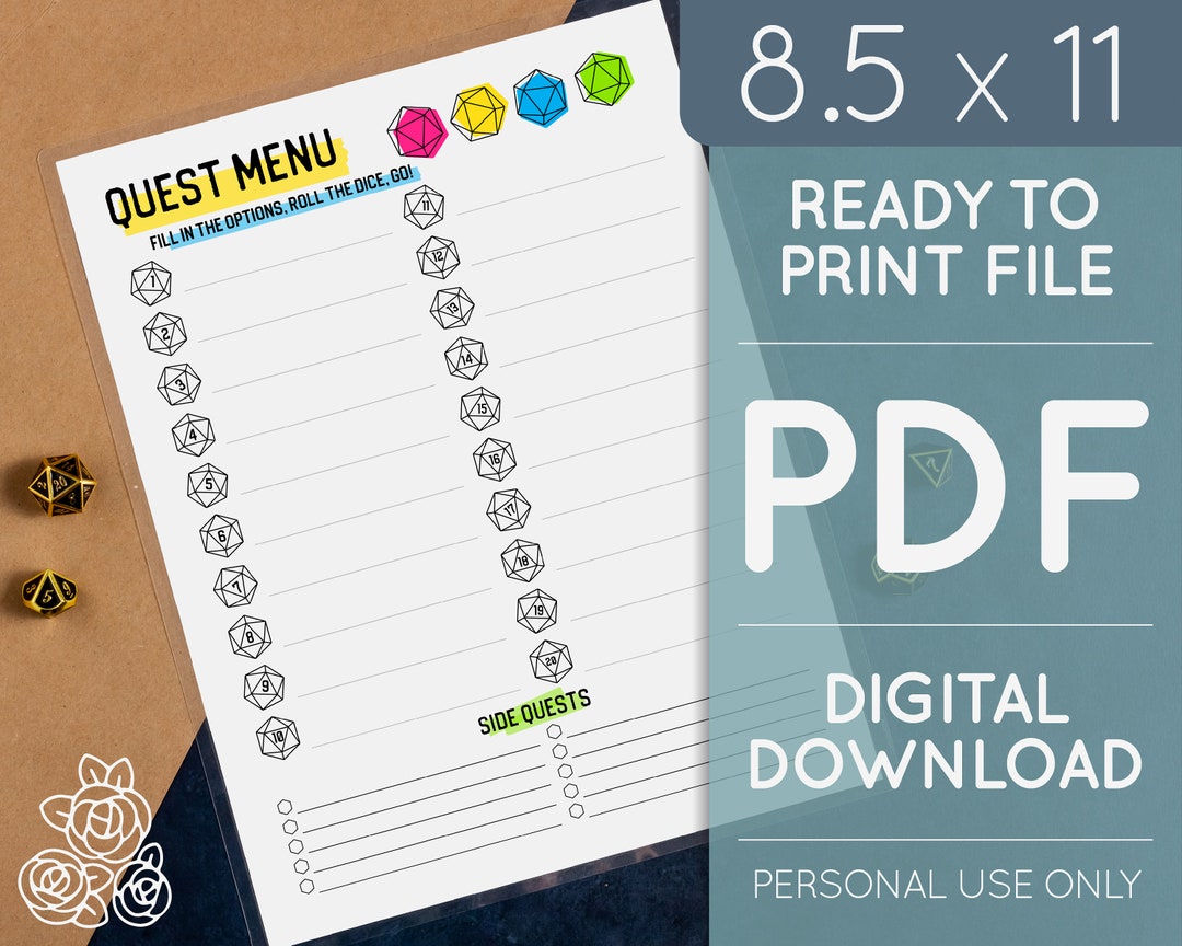 Blank Quest Menu With Side Quest Slots | Digital Download | Printable ...