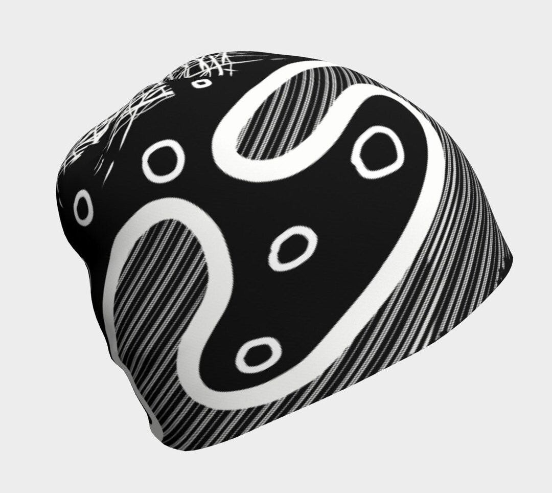 B&W Graphic Doodle Art Beanie - Hip Modern Black and White Funky Hat ...