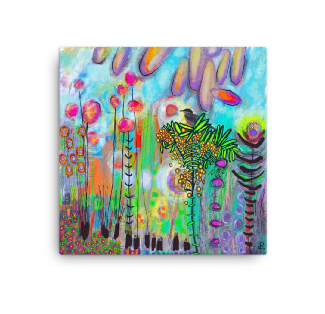 Colourful Bird Spring Flowers Art Print on Canvas, Vivid Expressionist ...