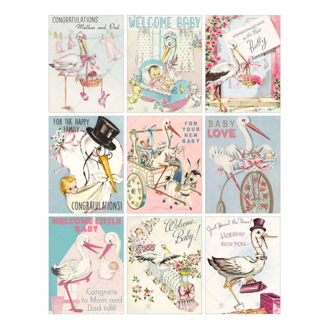Vintage Baby Stork Gift Tags Digital Collage Sheet Instant PDF JPEG ...
