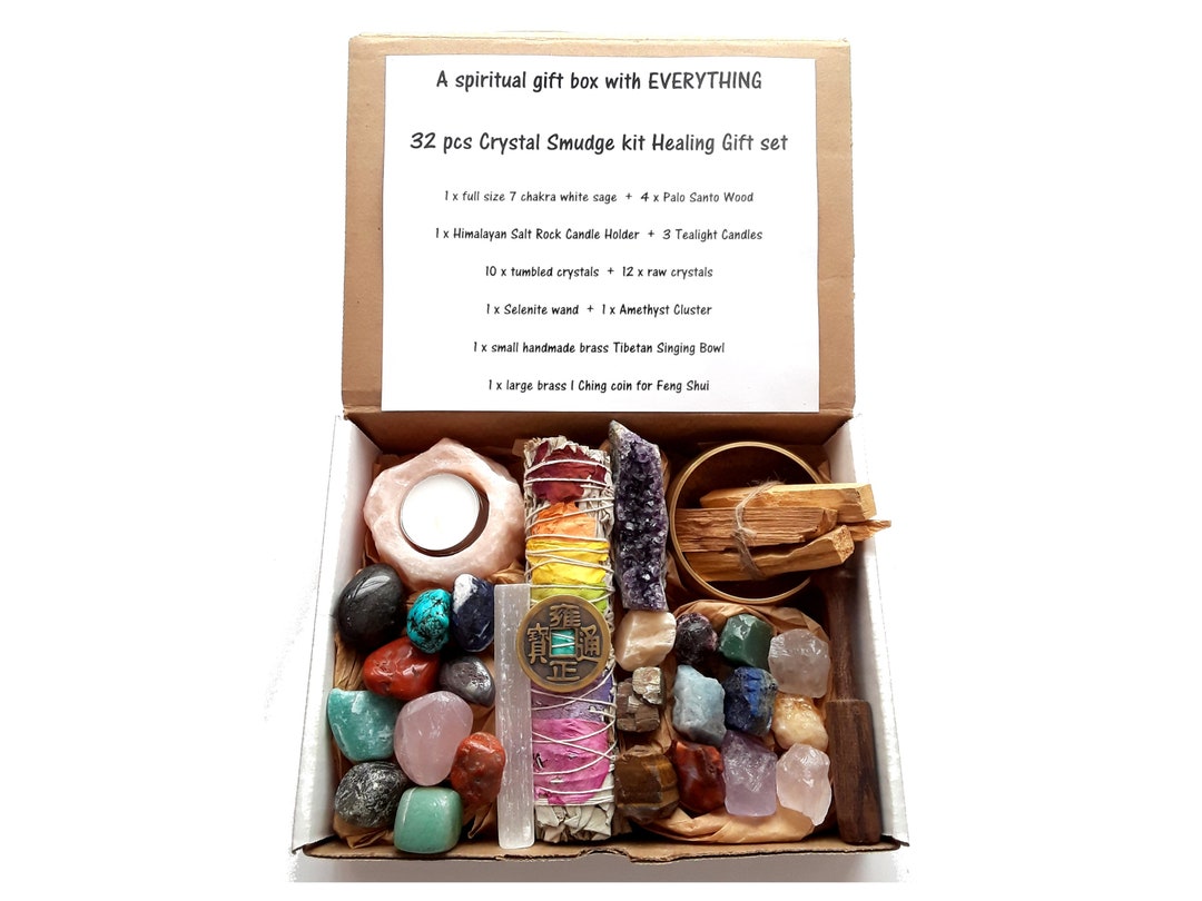 32 Pcs Spiritual Crystal Smudge Gift Box for Beginners. Singing Bowl, 7 ...
