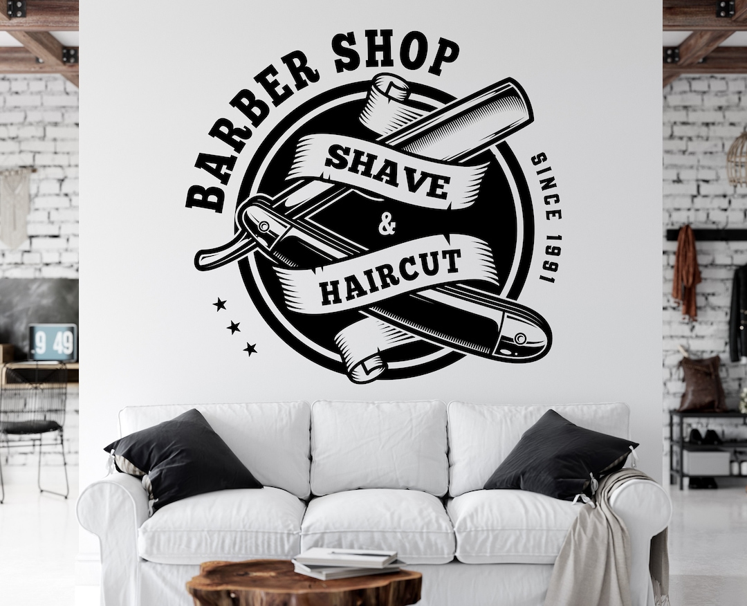 Barbershop Wall Decal Shop Design Barber Decal Shave Decal Scissors ...
