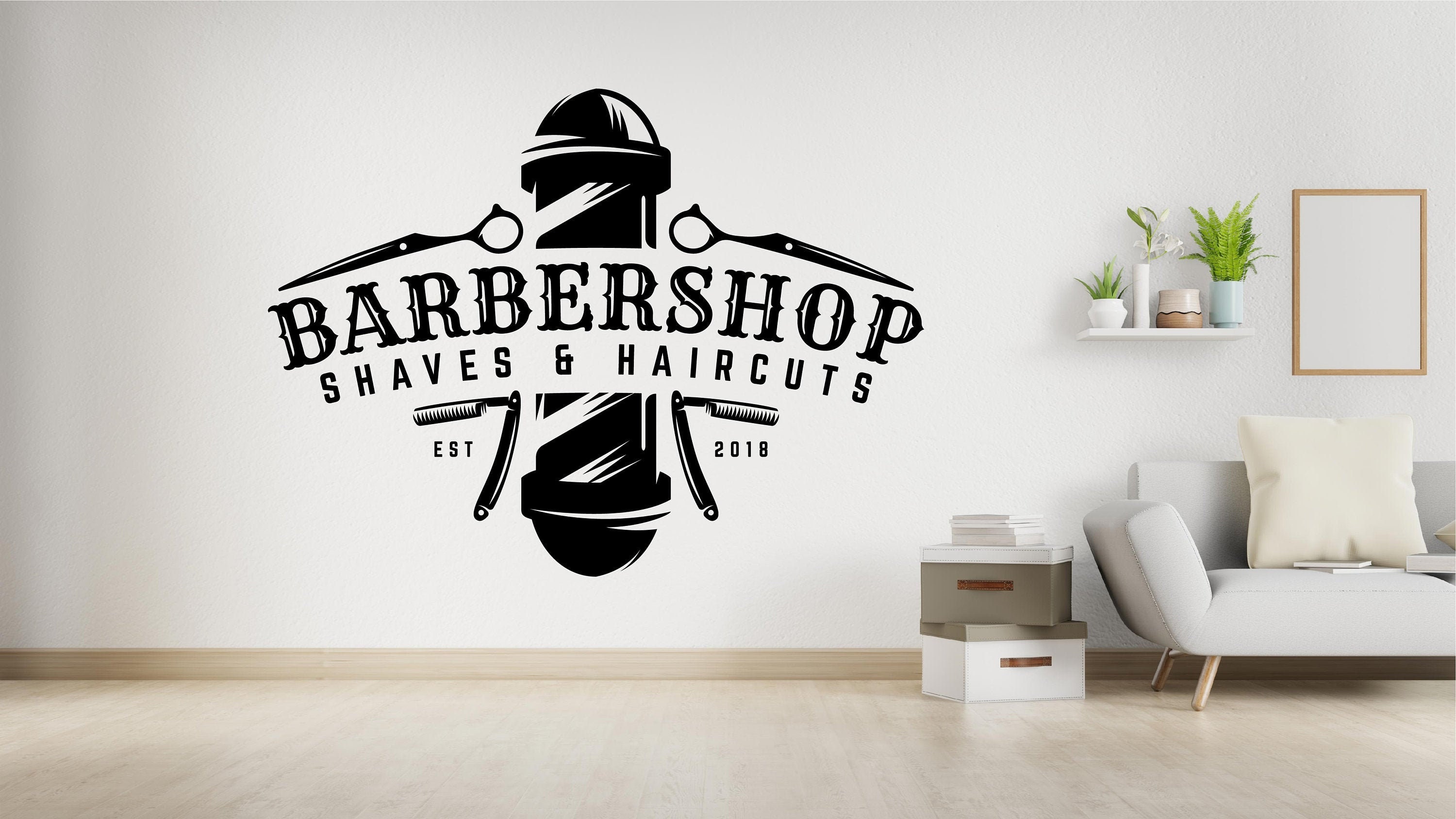 Barbershop Wall Decal Shop Design Barber Decal Shave Decal Scissors ...