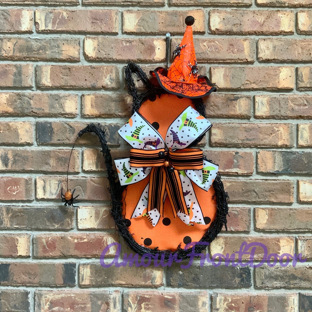 Halloween Cat Door Hanger, Halloween Cat Wreath, Witch Cat Decor, Cat ...
