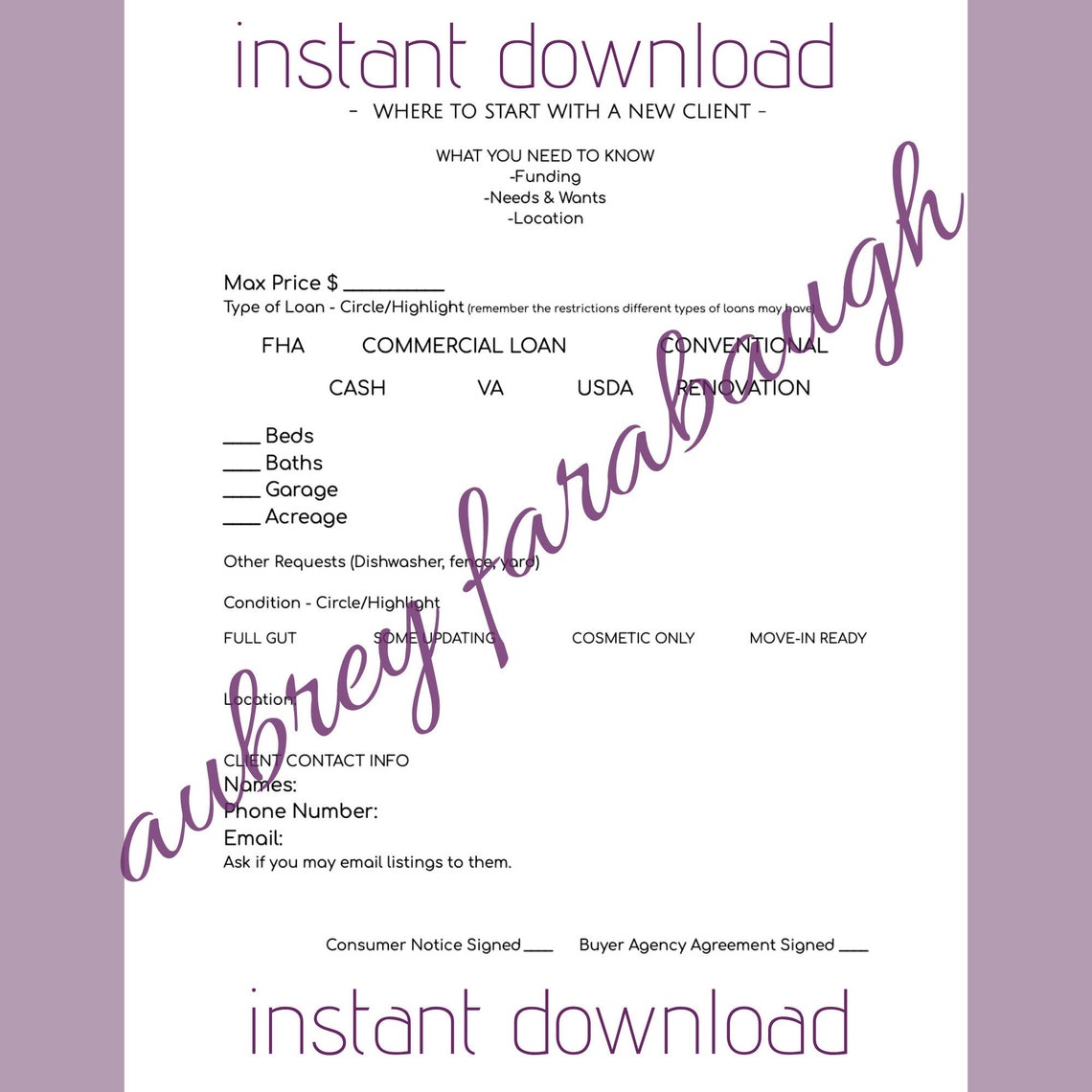 New Buyer Worksheet for Real Estate Agents - Etsy