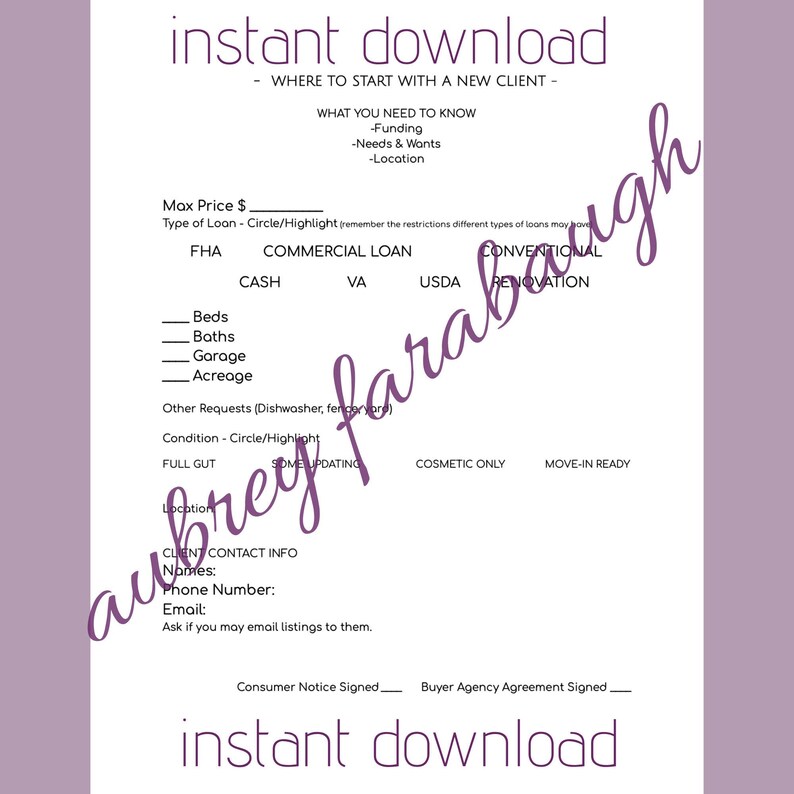 New Buyer Worksheet for Real Estate Agents - Etsy