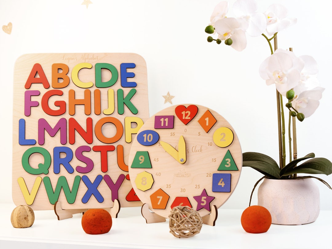 Rainbow Wooden Alphabet and Clock Set Personalized ABC Puzzle - Etsy