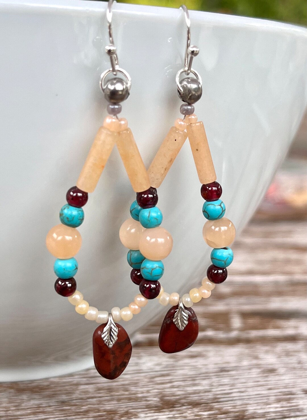 Peach Moonstone, Red Jasper, Garnet Bead Dangle Drop Beaded Earrings ...