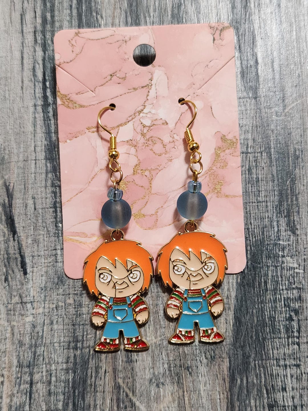 Child's Play Chucky Earrings | Gold & Blue Beads | Horror Movie Jewelry ...