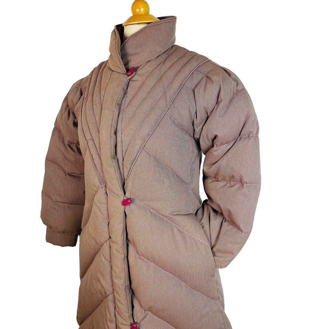 Vintage J. Gallery Down Coat Size PM Burgandy & Cream Pinstripe Long - Etsy