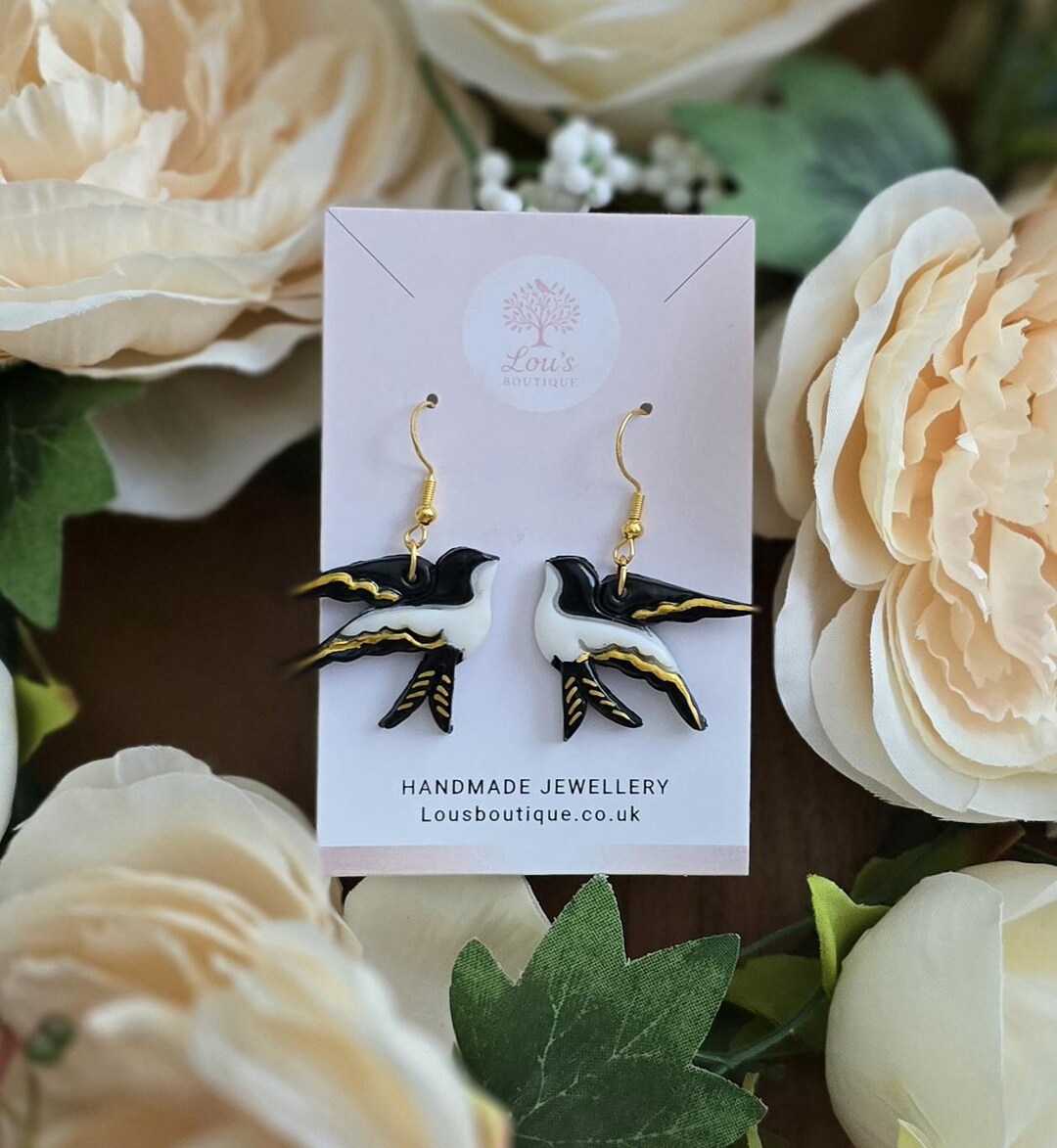 Handmade Black & Gold Swift Bird Earrings | Polymer Clay, Gold Dangle ...