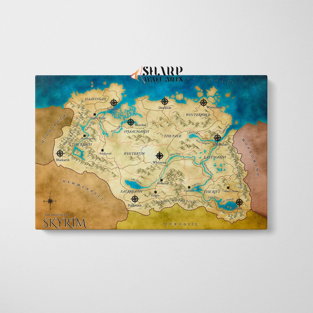 SKYRIM MAP CANVAS Wall Art Print, Video Game Decor, Man Cave Decor ...