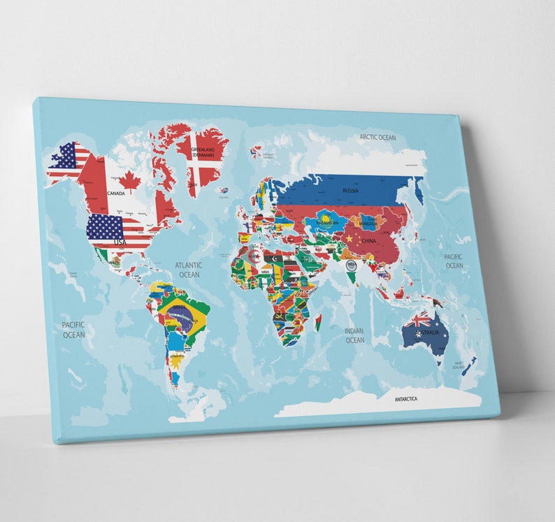 World Map Large Canvas With Countries Flags World Maps Canvas | Etsy