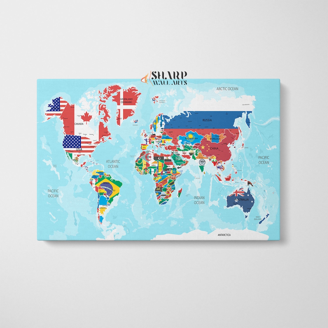 World Map Large Canvas With Countries Flags, World Maps Canvas Art Work ...