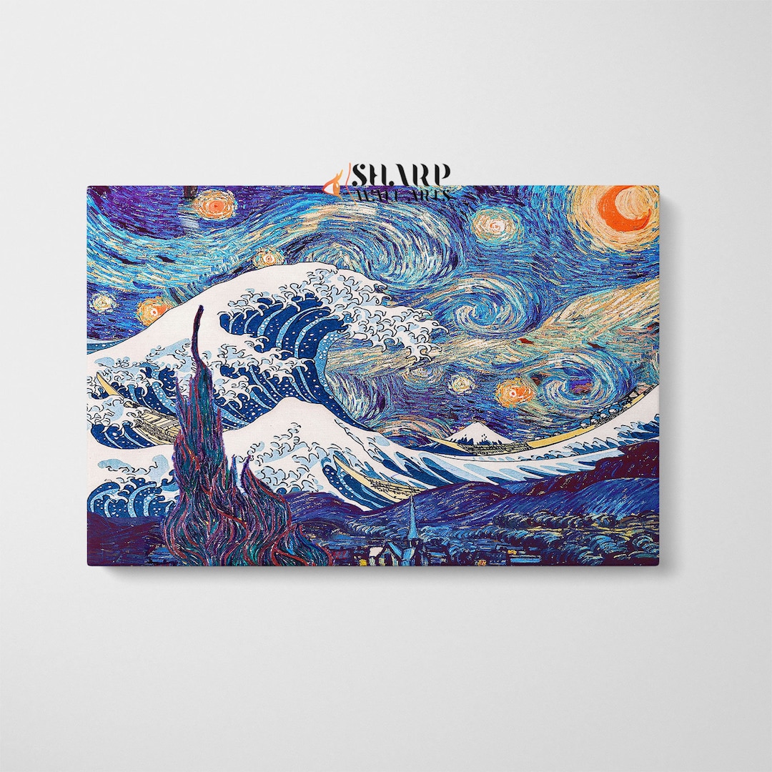 Van Gogh Starry Night and Great Wave of Kanagawa Wall Art Canvas Print ...