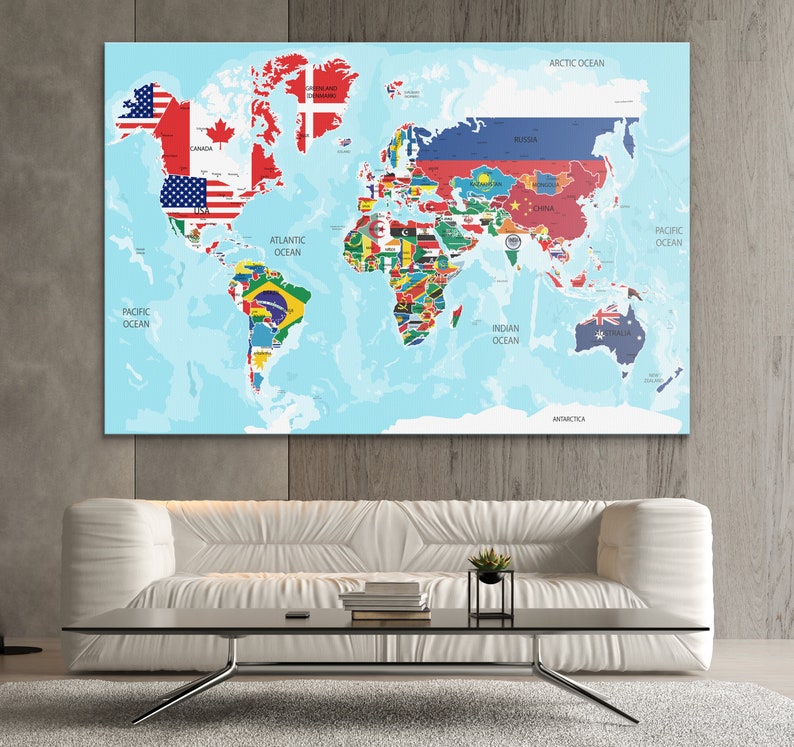 World Map Large Canvas With Countries Flags World Maps Canvas | Etsy
