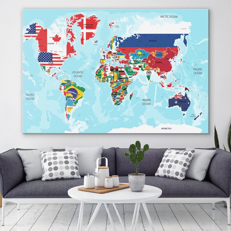 World Map Large Canvas With Countries Flags World Maps Canvas - Etsy