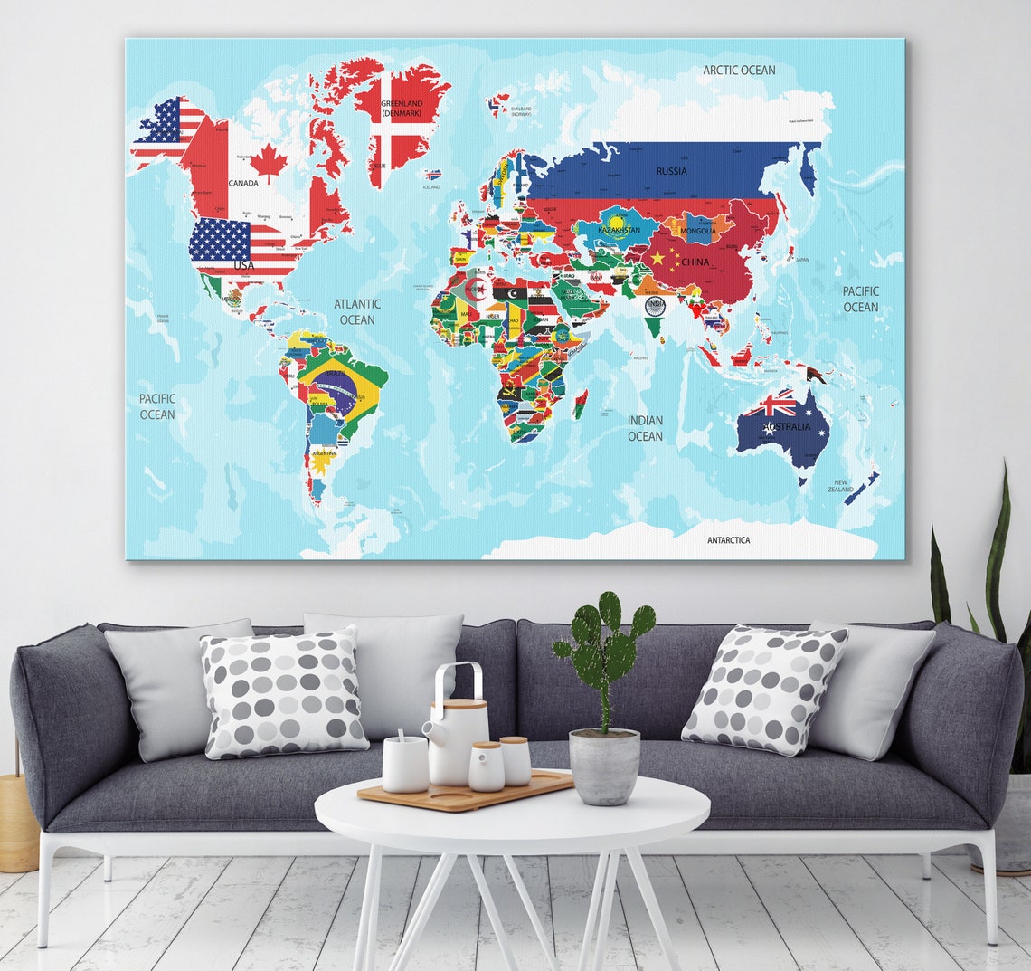 World Map Large Canvas With Countries Flags World Maps Canvas | Etsy