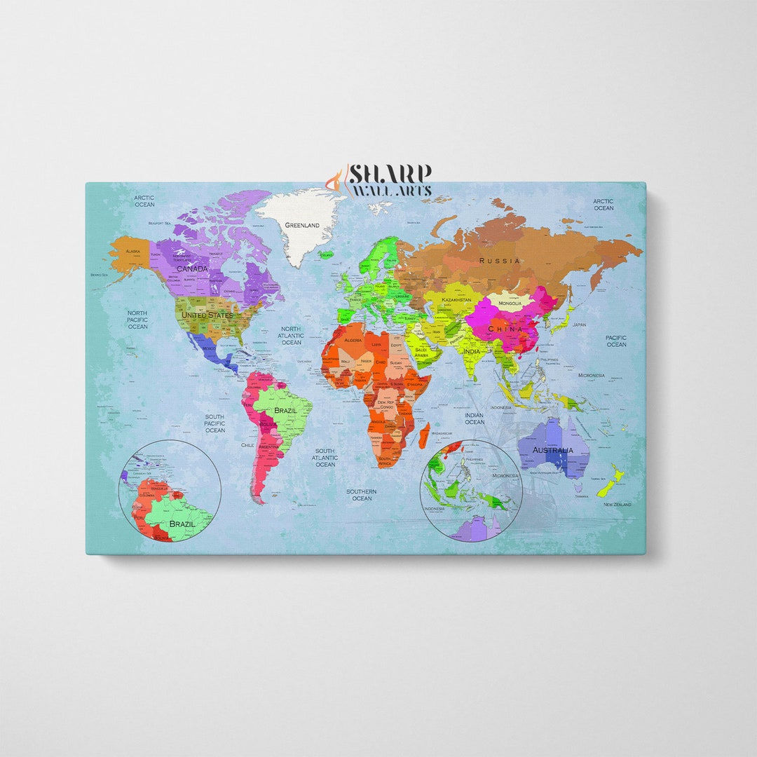 World Map Wall Art Canvas Print, Adventure Travel Map, World Travel Map ...