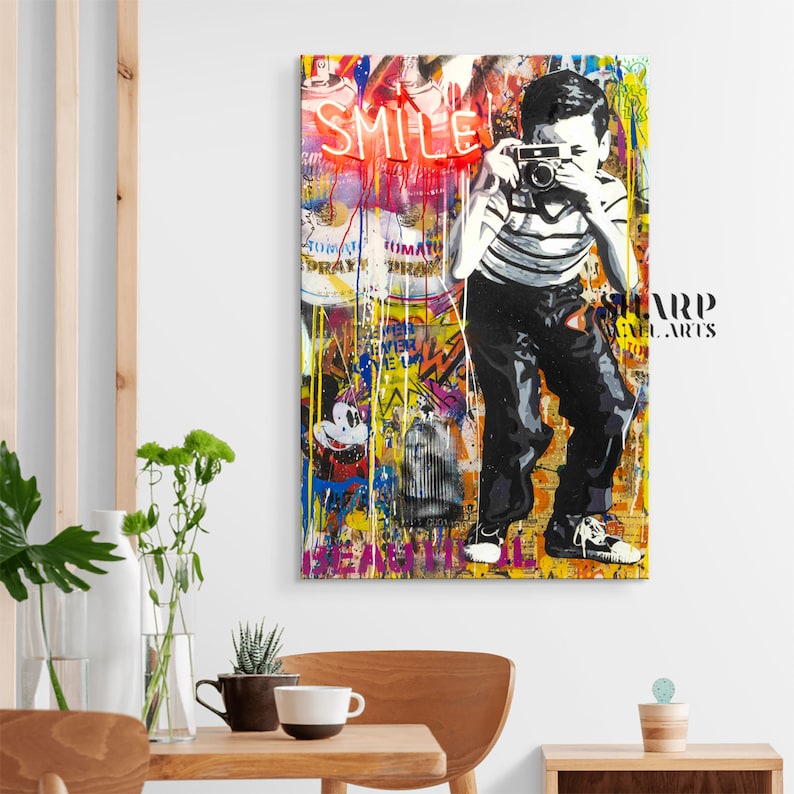 BANKSY WALL ART Banksy Canvas Banksy Camera Boy Banksy Smile Graffiti ...