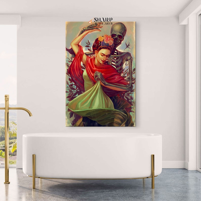 Frida Kahlo Art Print Canvas Dancing With Skeleton, Frida Kahlo Artwork ...