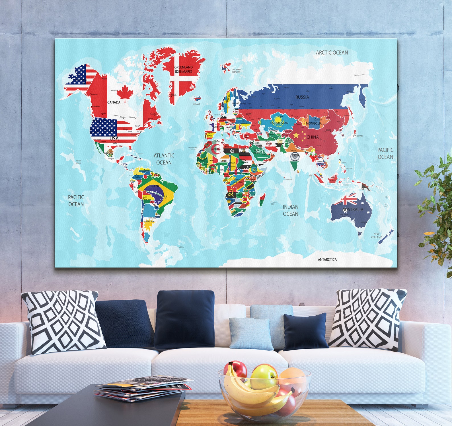 World Map Large Canvas With Countries Flags World Maps Canvas | Etsy