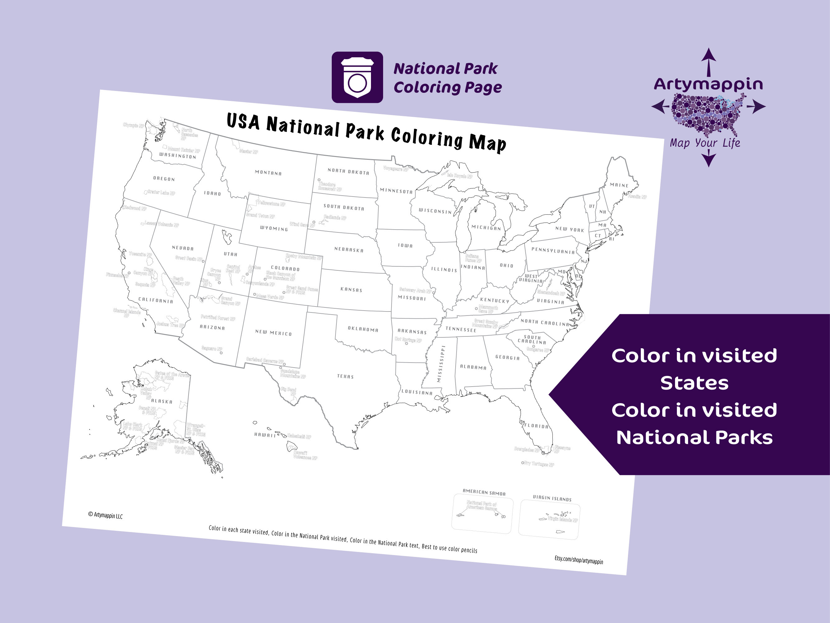 National Park Coloring Map of the United States 11 X 17 Tabloid Size - Etsy