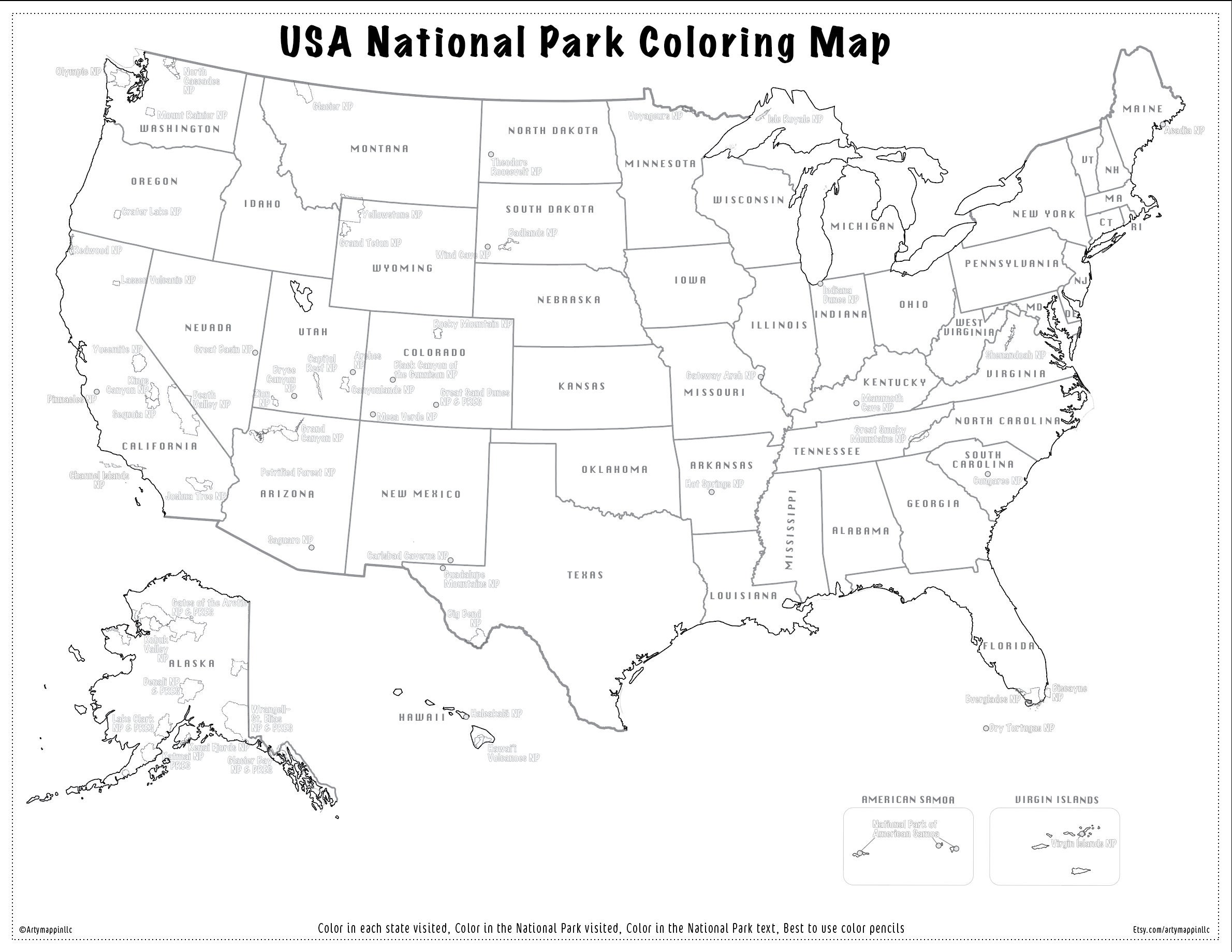 National Park Coloring Map United States - Etsy