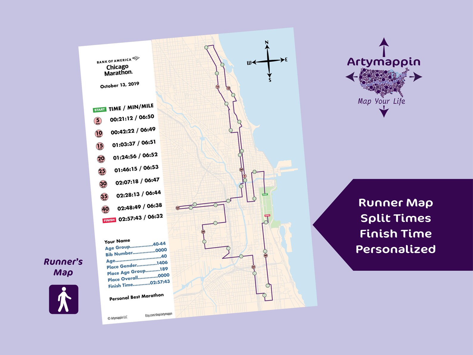 Personalized Runners Map Digital File With Split Times Marathon ...