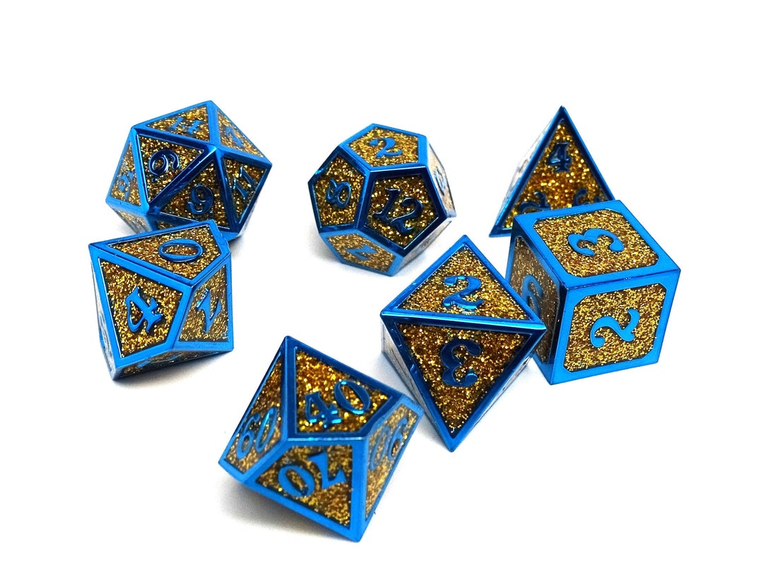 Heroic Dice of Metallic Luster Gold With Blue Font 7 Piece Metal ...