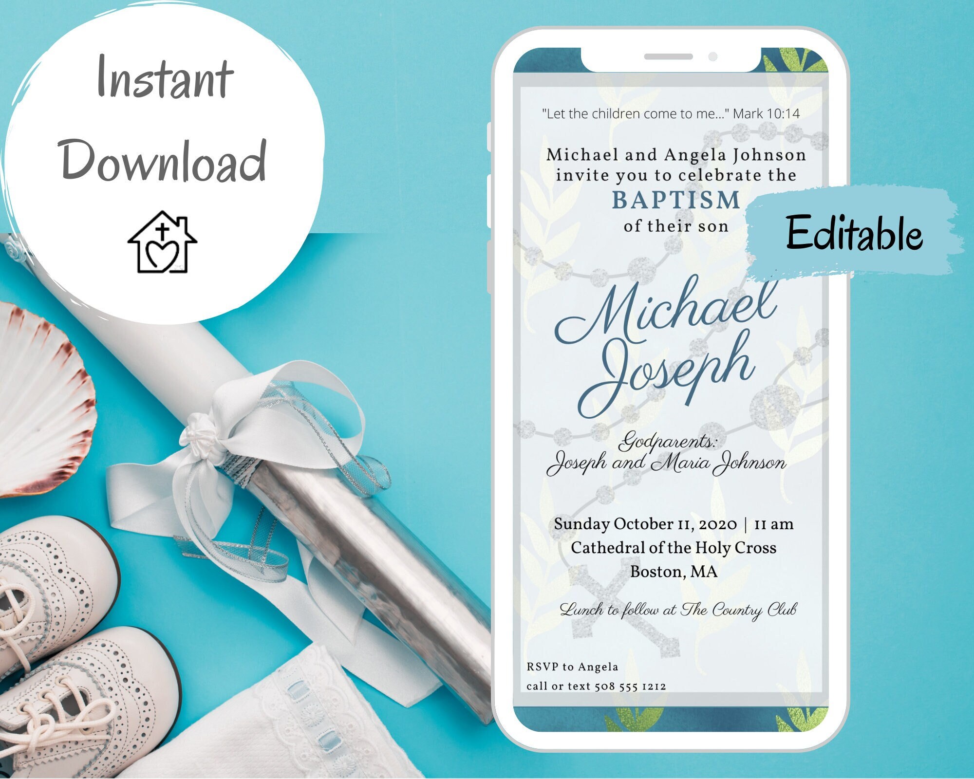Baptism Invitation Boy Digital Download Blue Leaf Rosary Theme Baptism ...