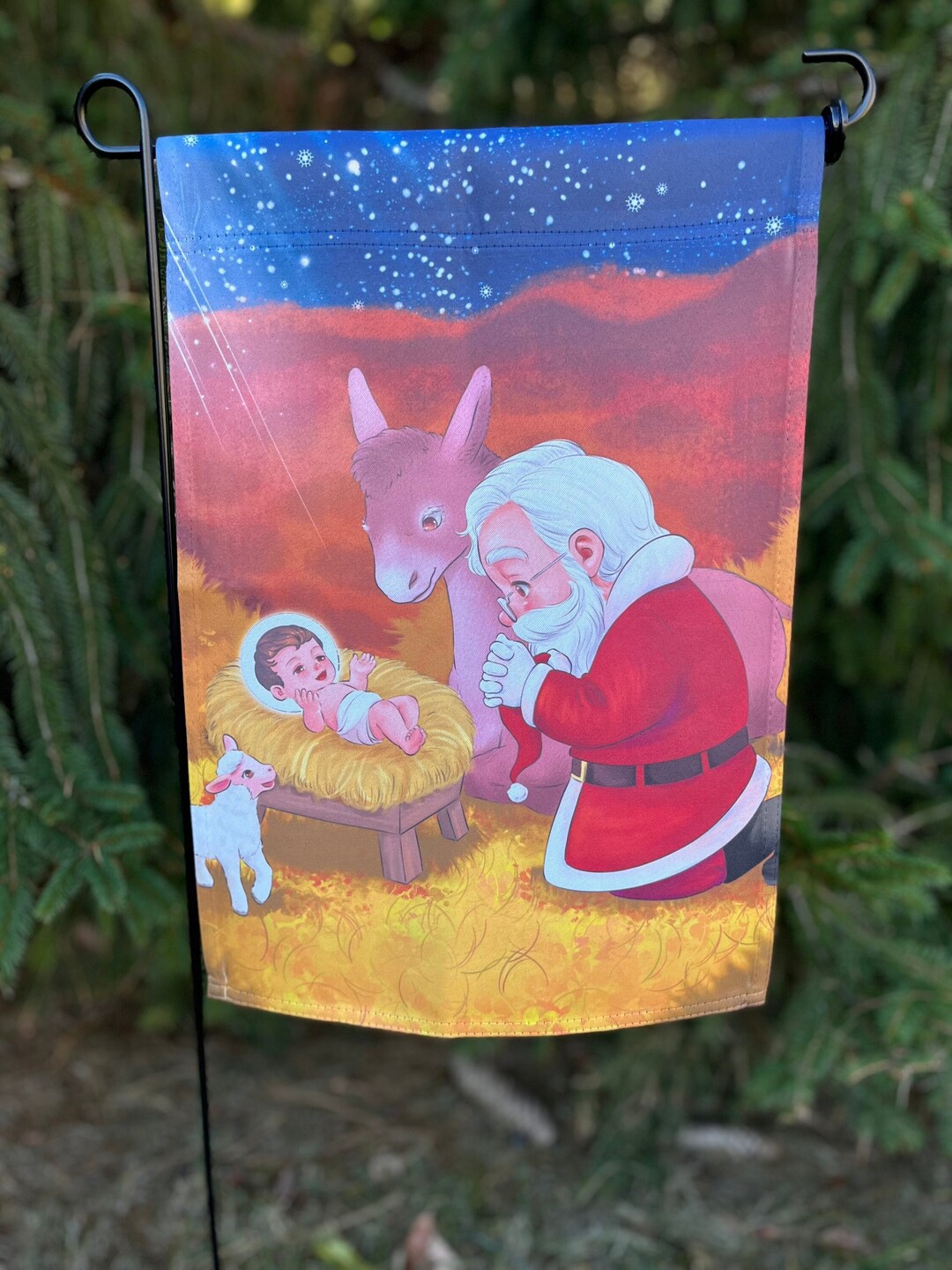 Santa and Baby Jesus in Manger Scene Christmas Garden Flag and ...