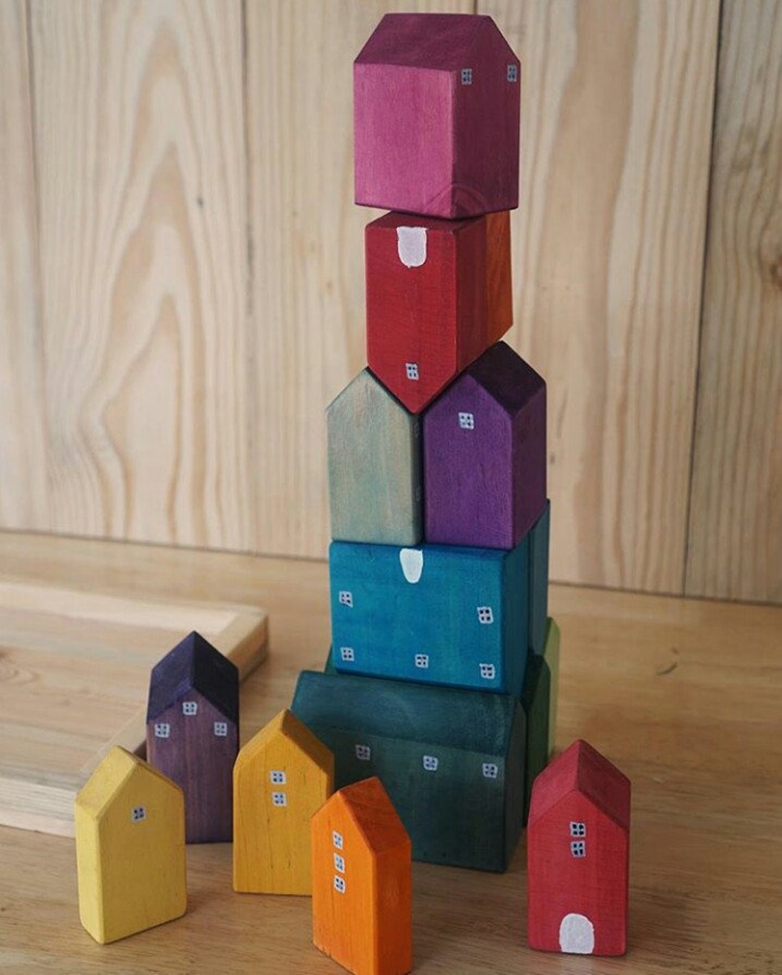 Rainbow House Blocks Wooden House Blocks Set - Etsy
