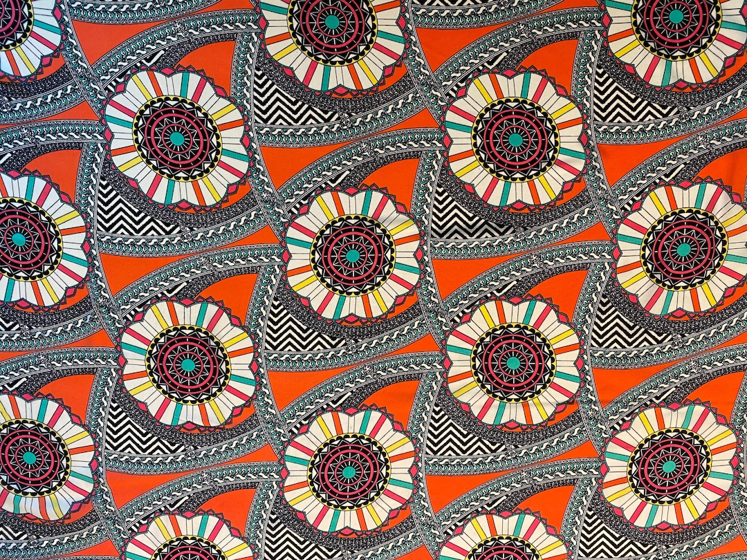 Pongee Print - Asian Fan - ON SALE! - Teal / Orange/ Black - Boho ...