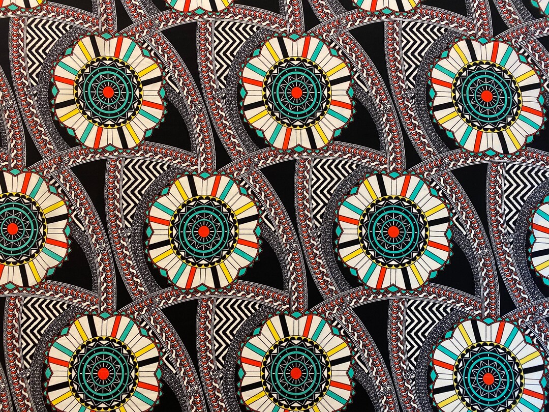 SALE Pongee Print Medallion Poly Black / Orange Boho / Geometric ...