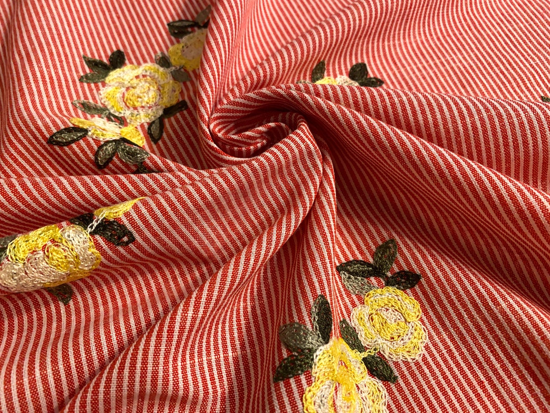 Embroidered Pinstripe COTTON W/ Yellow Flowers: Woven Stripe/seersucker ...
