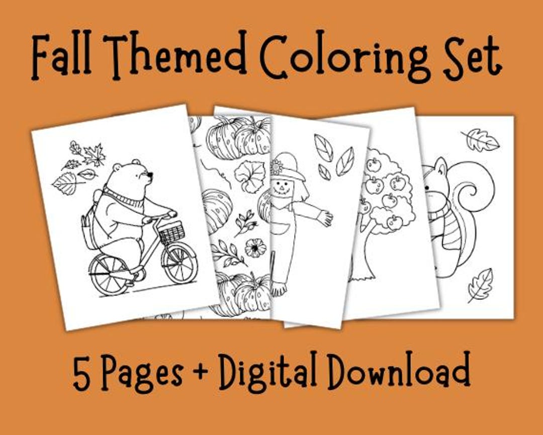 Fall Themed Coloring Sheet Set - Digital Download (5 Pages) | Autumn ...