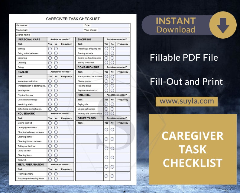 Caregiver Task Checklist - Fillable PDF Form - Letter Size - Etsy