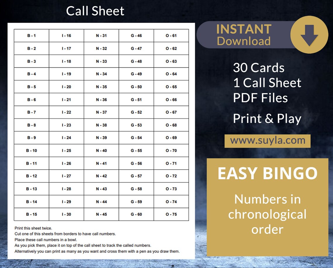 EASY BINGO - 30 Bingo Cards With Call Sheet - Instant Download - PDF ...