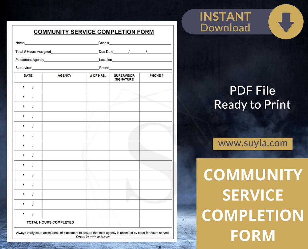 Community Service Completion Form PDF File Digital - Etsy.de