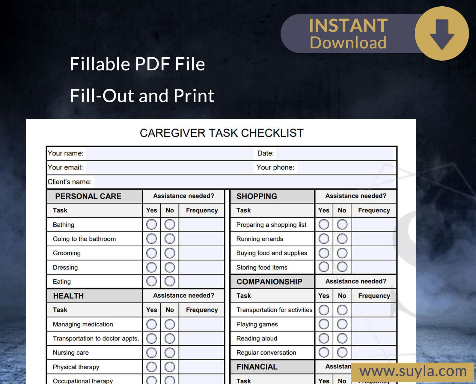 Caregiver Task Checklist - Fillable PDF Form - Letter Size - Etsy