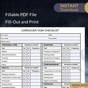 Caregiver Task Checklist - Fillable PDF Form - Letter Size - Etsy