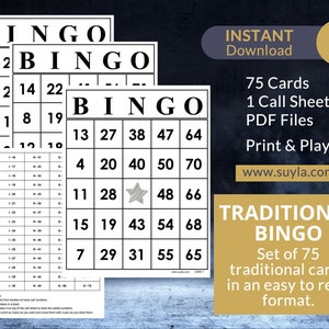 TRADITIONAL BINGO - 75 Bingo Cards With Call Sheet - Instant Download ...